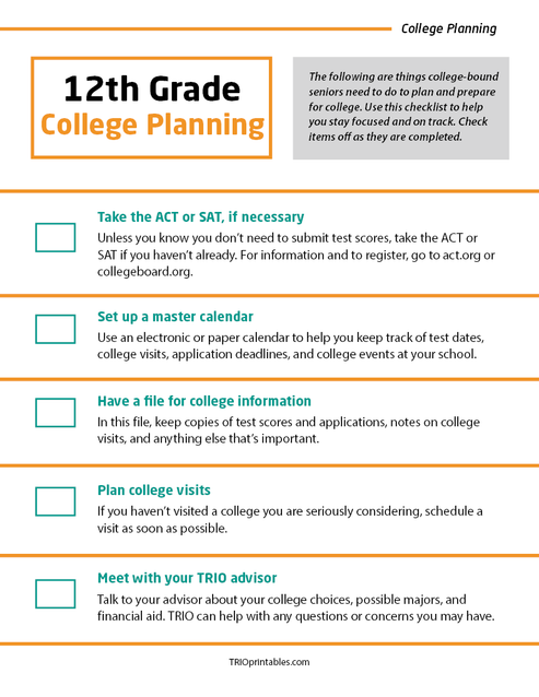 12th Grade College Planning Informational Sheet – TRIO Printables