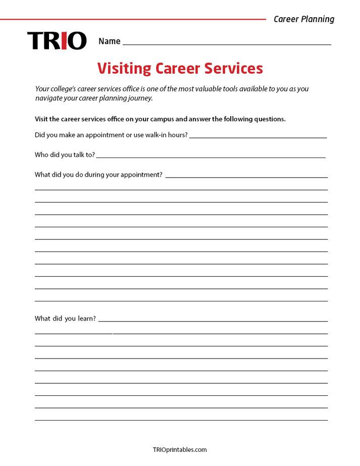 Visiting Career Services Activity Sheet – TRIO Printables