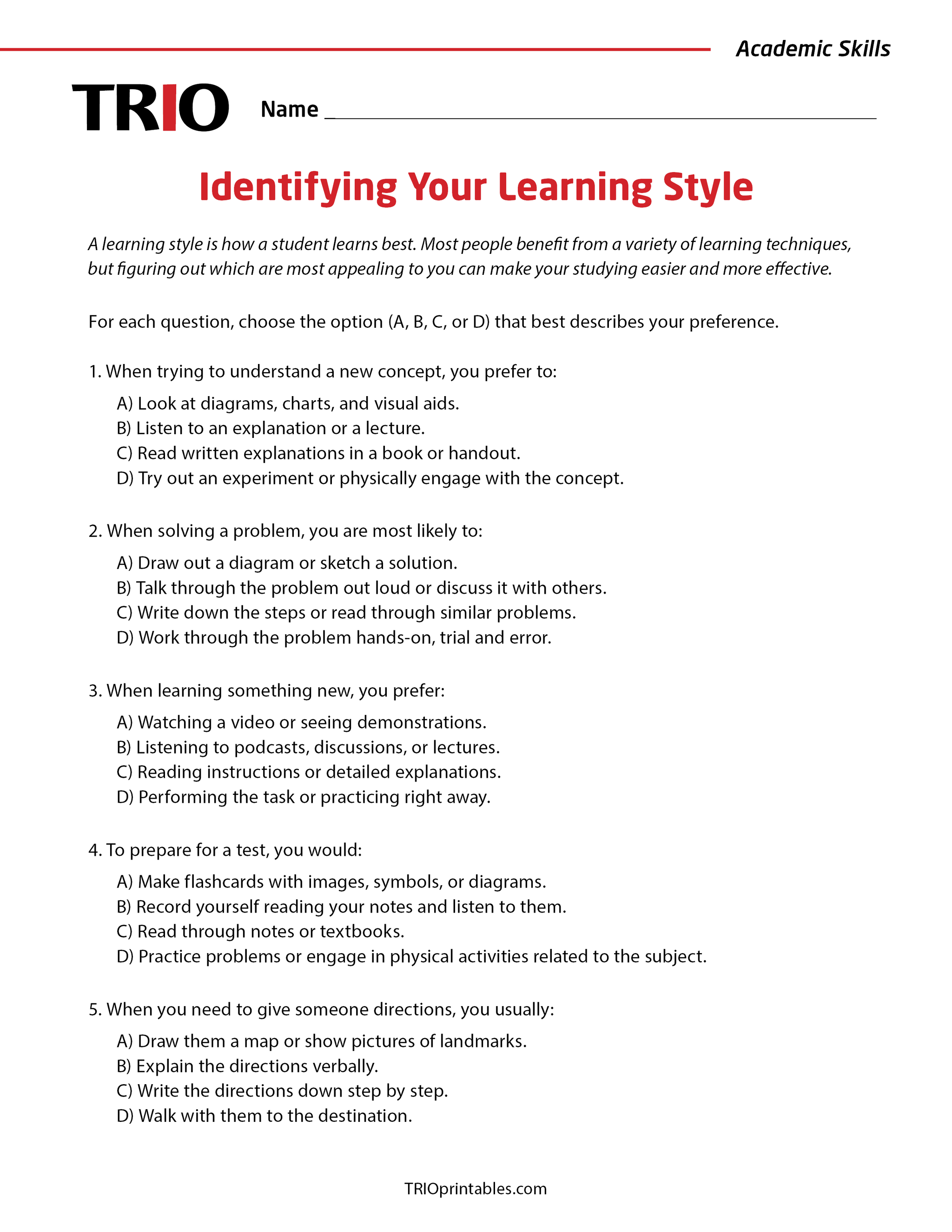 Identify Your Learning Style Activity Sheet – TRIO Printables