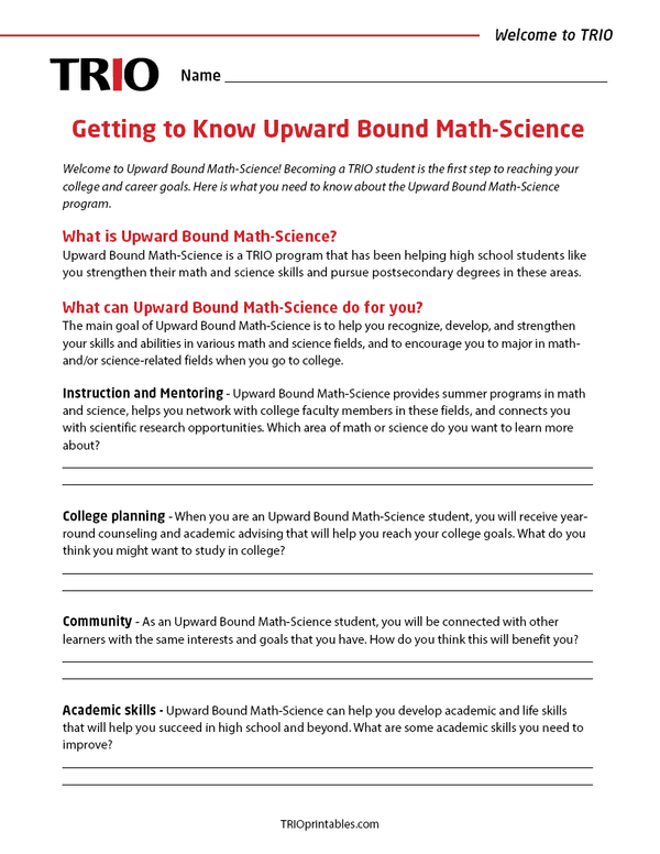 Getting to Know Upward Bound Math-Science Activity Sheet – TRIO Printables