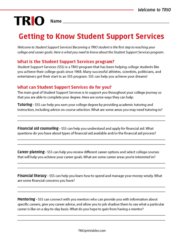 Getting to Know Student Support Services Activity Sheet – TRIO Printables