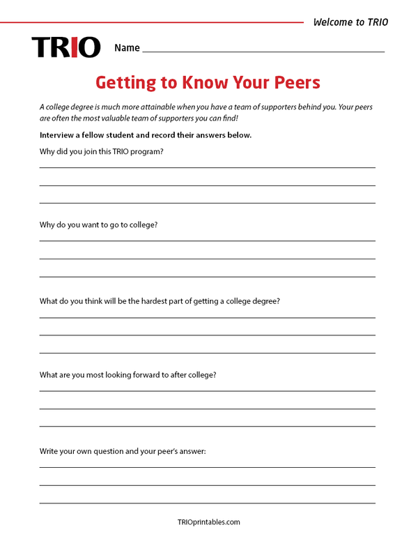 Getting to Know Your Peers Activity Sheet – TRIO Printables