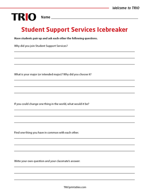 Student Support Services Icebreaker Activity Sheet – TRIO Printables