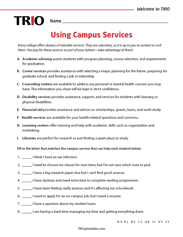 Using Campus Services Activity Sheet – TRIO Printables