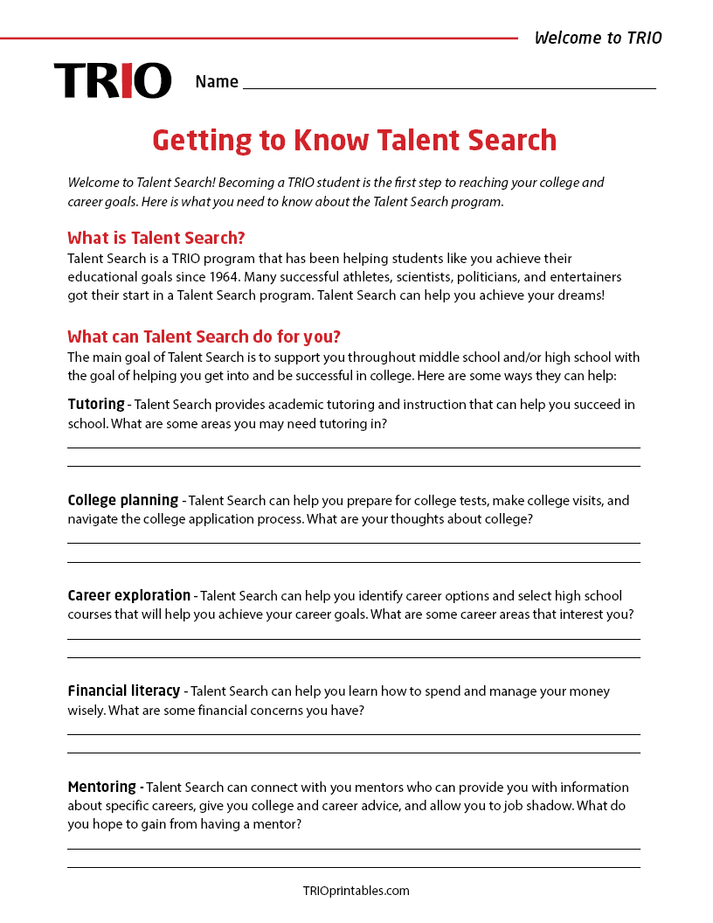 Getting to Know Talent Search Activity Sheet – TRIO Printables