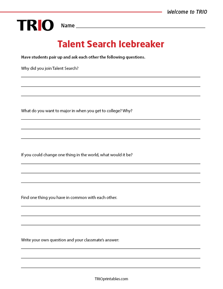 Talent Search Icebreaker Activity Sheet – TRIO Printables