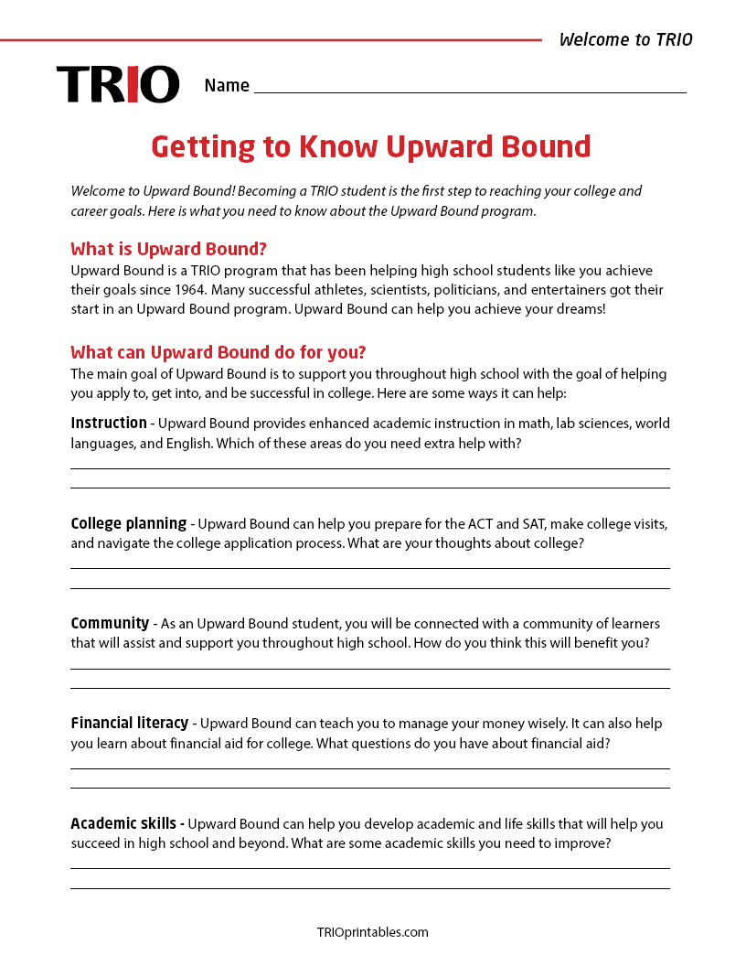 Getting to Know Upward Bound Activity Sheet – TRIO Printables