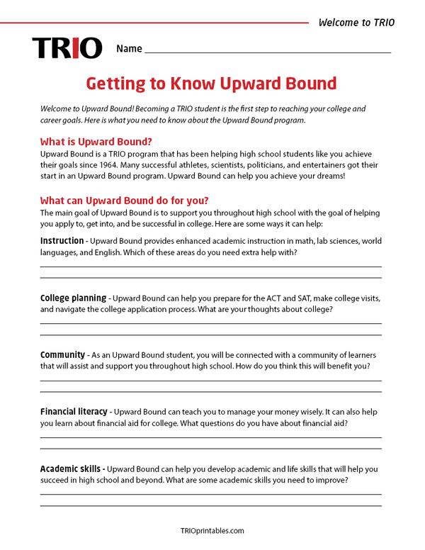 Getting to Know Upward Bound Activity Sheet – TRIO Printables