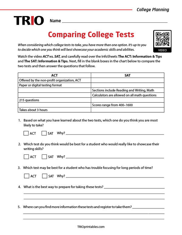 Comparing College Tests Activity Sheet Trio Printables
