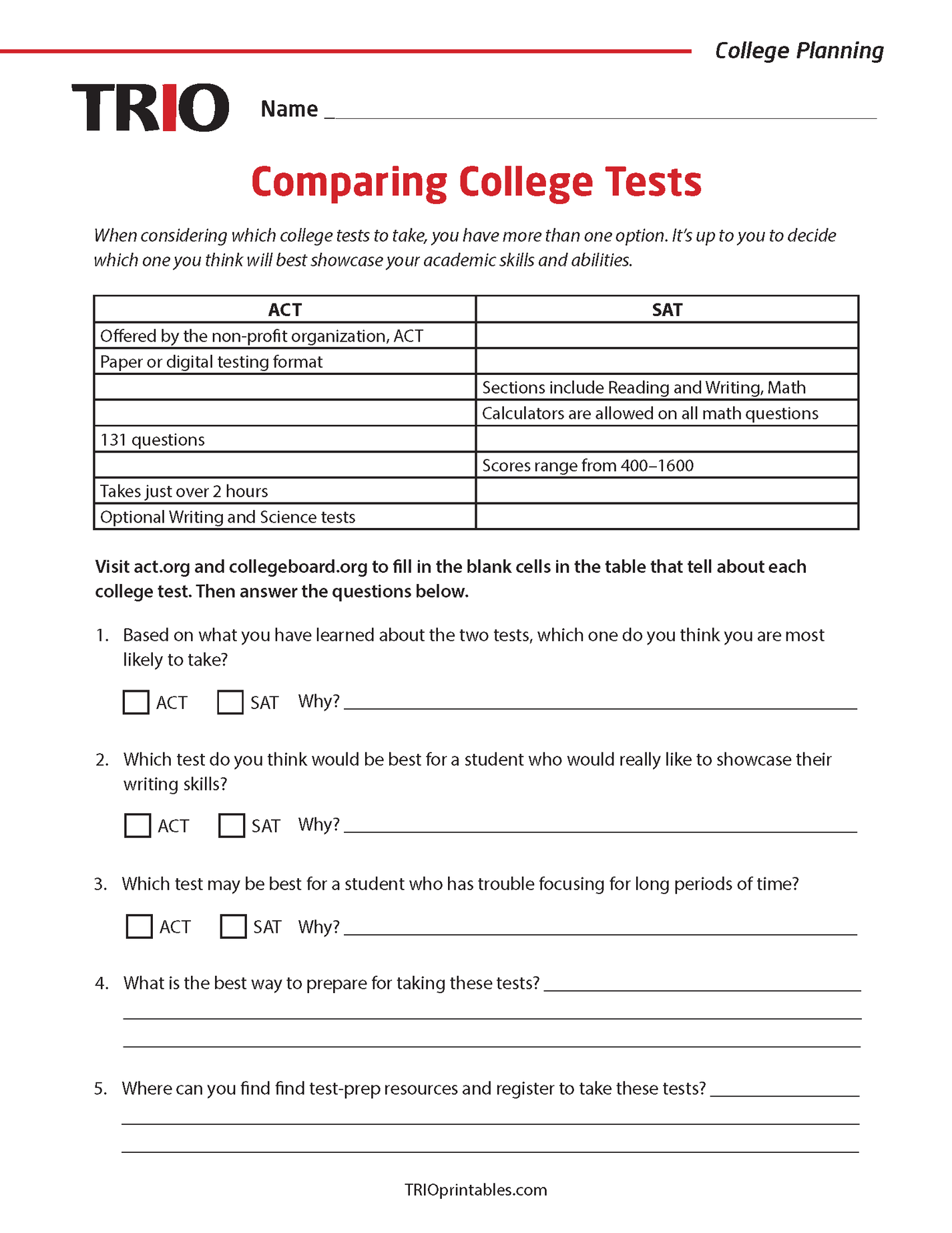 Comparing College Tests Activity Sheet – TRIO Printables