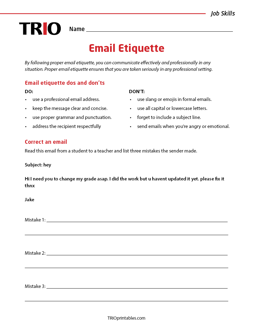 Email Etiquette Activity Sheet – TRIO Printables