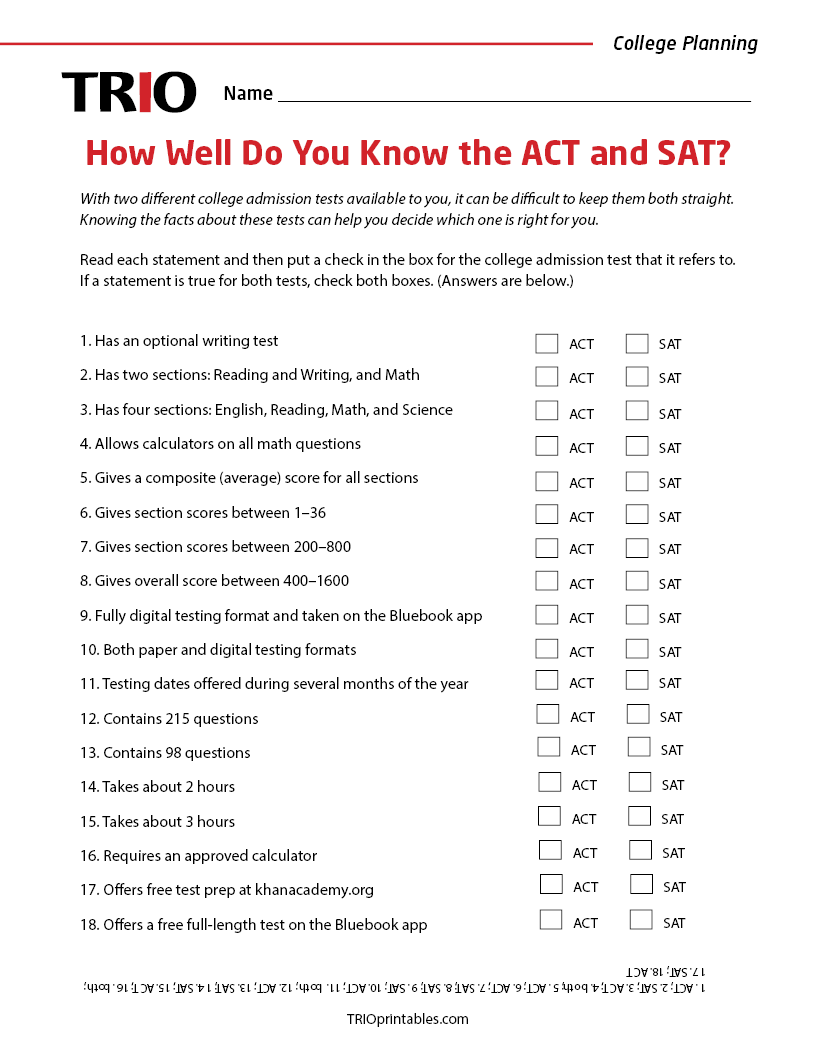 How Well Do You Know the ACT and SAT? – TRIO Printables
