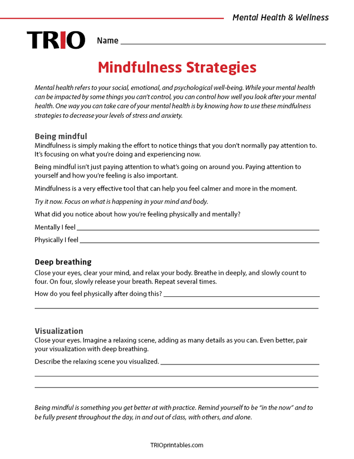 Mindfulness Strategies Activity Sheet – TRIO Printables