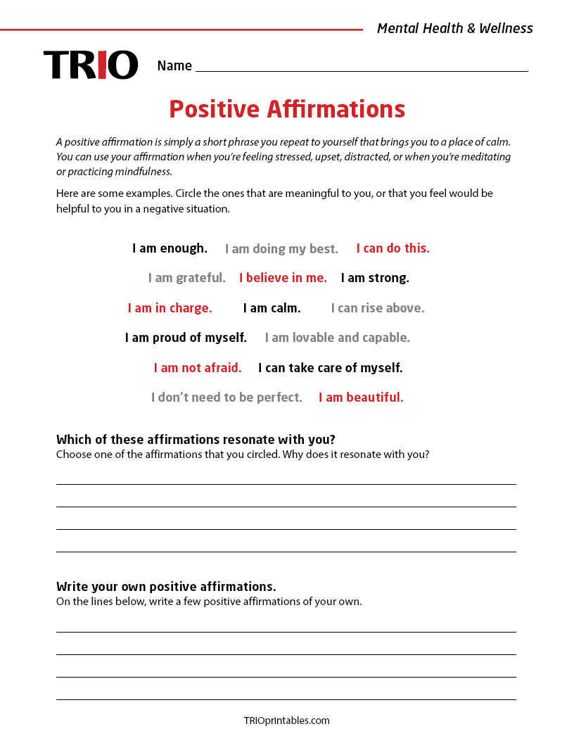 Positive Affirmations Activity Sheet – TRIO Printables