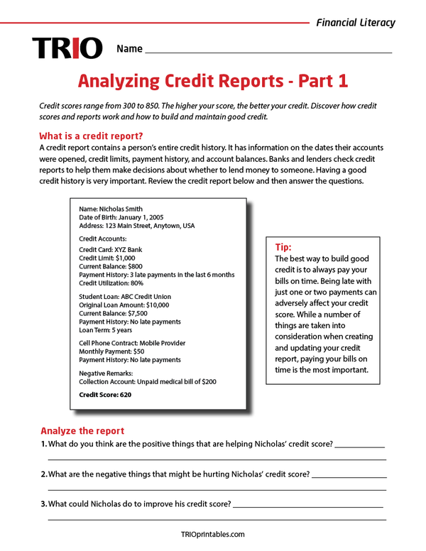 Analyzing Credit Reports - Part 1 Activity Sheet – TRIO Printables