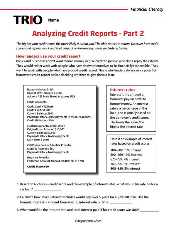 Analyzing Credit Reports - Part 2 Activity Sheet – TRIO Printables