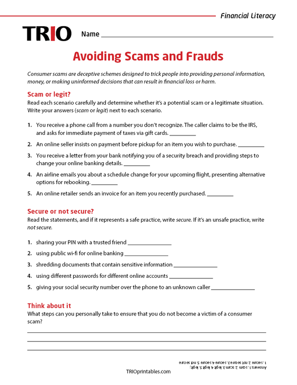 Avoiding Scams and Frauds Activity Sheet – TRIO Printables