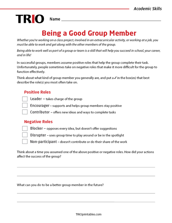 Being a Good Group Member Activity Sheet – TRIO Printables