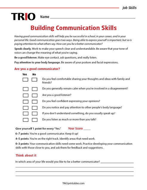 Building Communication Skills Activity Sheet – TRIO Printables