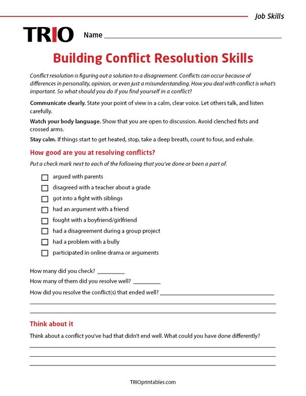Building Conflict Resolution Skills Activity Sheet – TRIO Printables