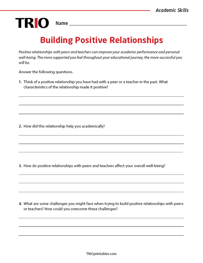 Building Positive Relationships Activity Sheet – TRIO Printables