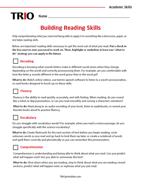 Building Reading Skills Activity Sheet – TRIO Printables