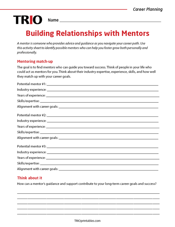 Building a Relationship with Mentors Activity Sheet – TRIO Printables