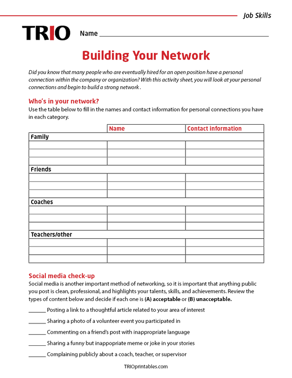 Building Your Network Activity Sheet – TRIO Printables