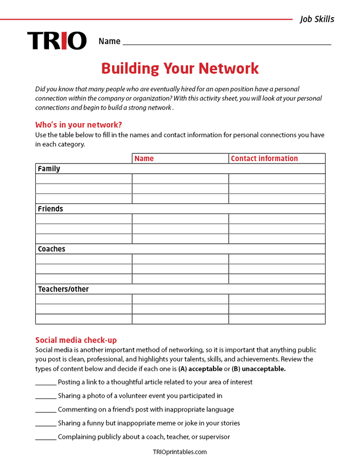 Building Your Network Activity Sheet – TRIO Printables