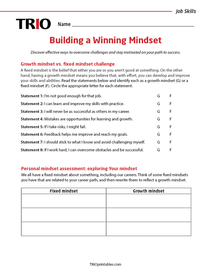 Building a Winning Mindset Activity Sheet – TRIO Printables
