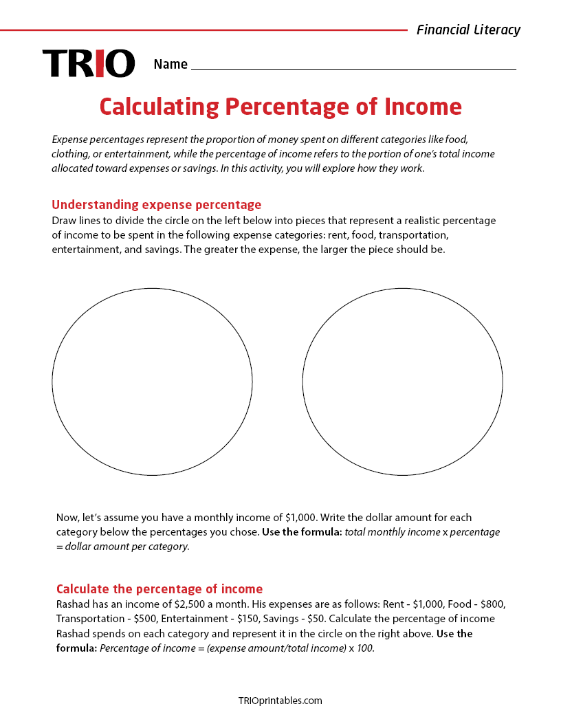 Calculating Percentage of Income Activity Sheet – TRIO Printables