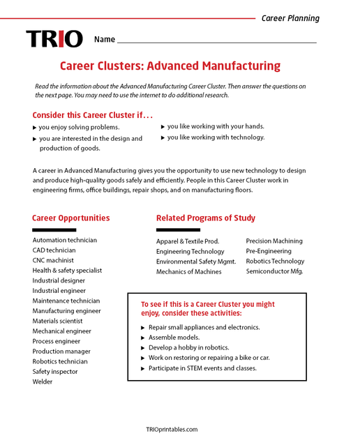 Career Clusters: Advanced Manufacturing Activity Sheet – TRIO Printables
