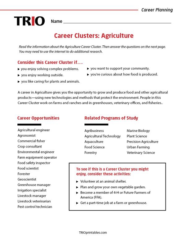 Career Clusters: Agriculture Activity Sheet – TRIO Printables