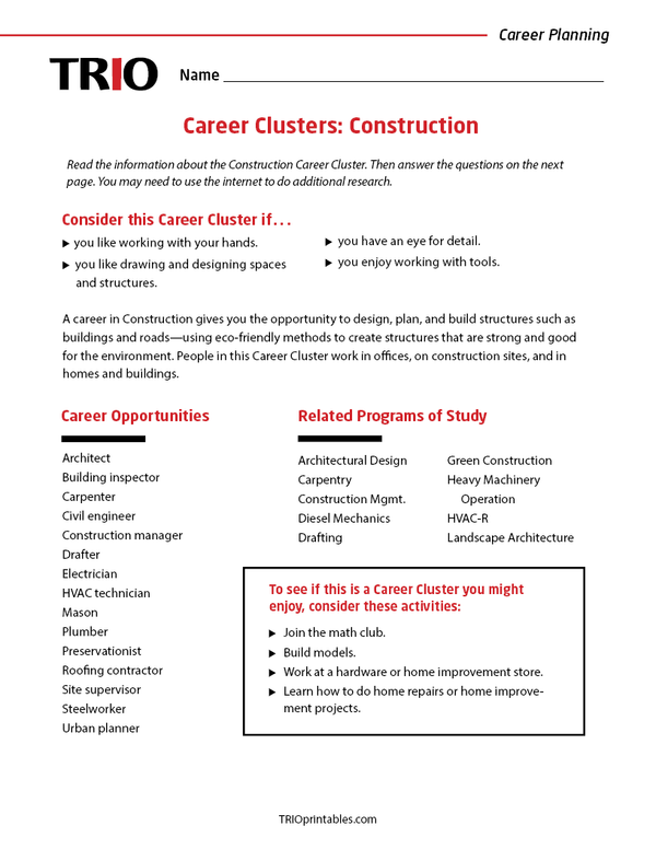 Career Clusters: Construction Activity Sheet – TRIO Printables