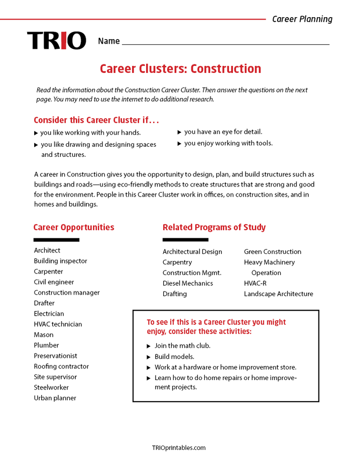 Career Clusters: Construction Activity Sheet – TRIO Printables