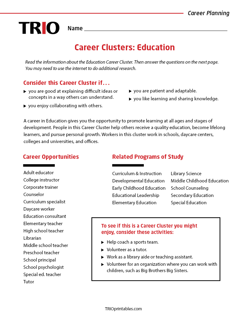 Career Clusters: Education Activity Sheet – TRIO Printables