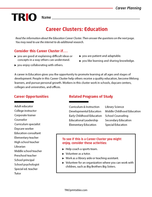 Career Clusters: Education Activity Sheet – TRIO Printables