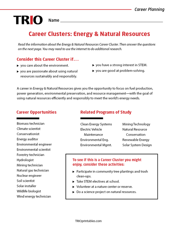 Career Clusters: Energy & Natural Resources Activity Sheet – TRIO ...