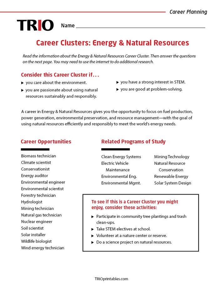 Career Clusters: Energy & Natural Resources Activity Sheet – TRIO ...