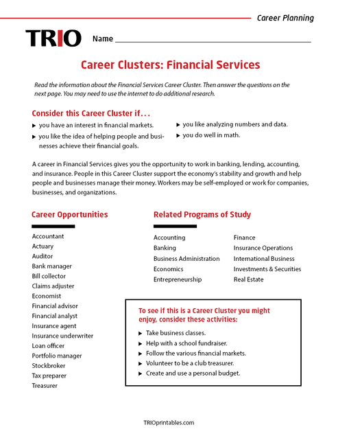 Career Clusters: Financial Services Activity Sheet – TRIO Printables