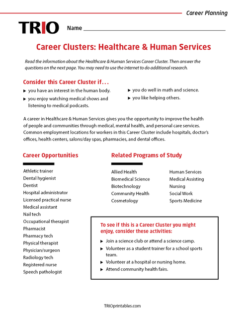 Career Clusters: Healthcare & Human Services Activity Sheet – TRIO ...