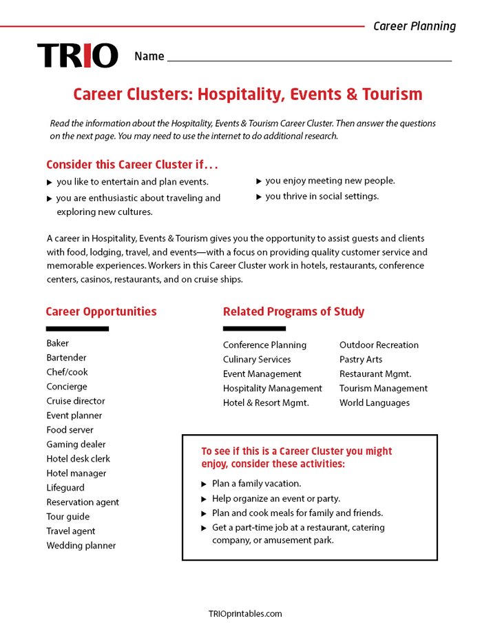 Career Clusters: Hospitality, Events & Tourism Activity Sheet – TRIO ...