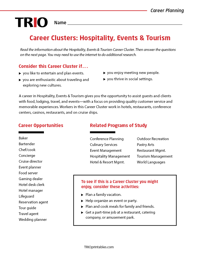 Career Clusters: Hospitality, Events & Tourism Activity Sheet – TRIO ...