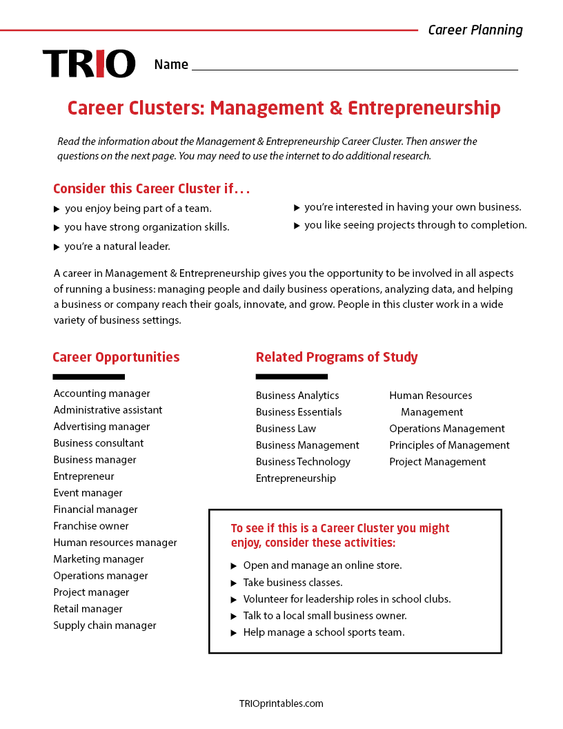Career Clusters: Management & Entrepreneurship Activity Sheet – TRIO ...
