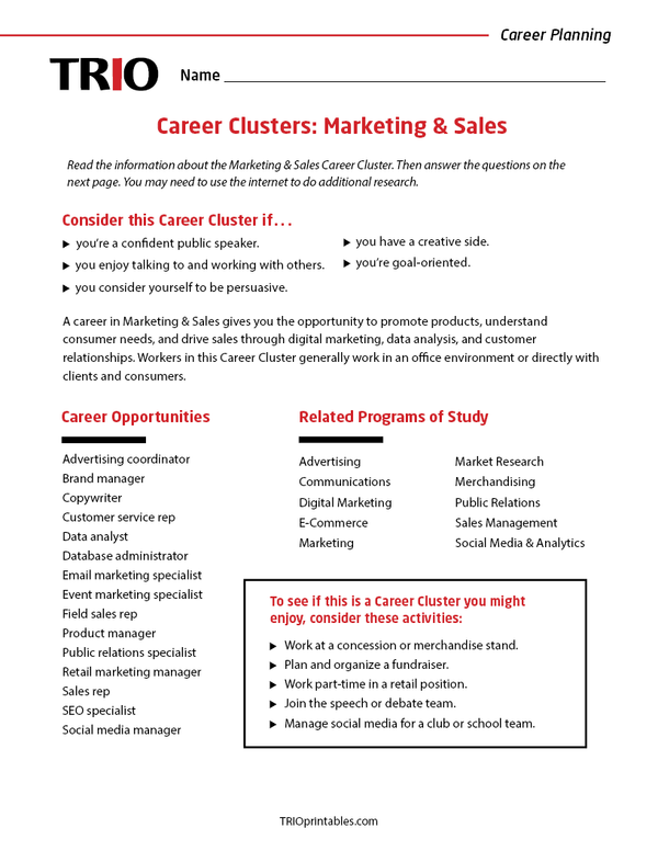 Career Clusters: Marketing & Sales Activity Sheet – TRIO Printables