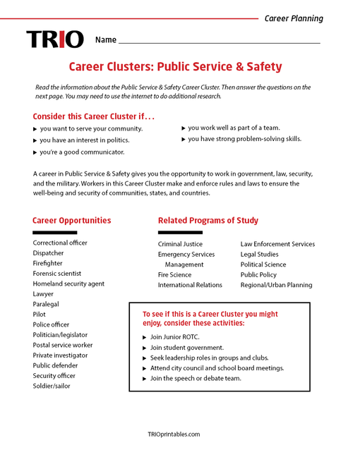 Career Clusters: Public Service & Safety Activity Sheet – TRIO Printables