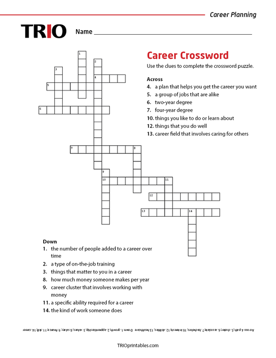 Career Crossword Activity Sheet – TRIO Printables