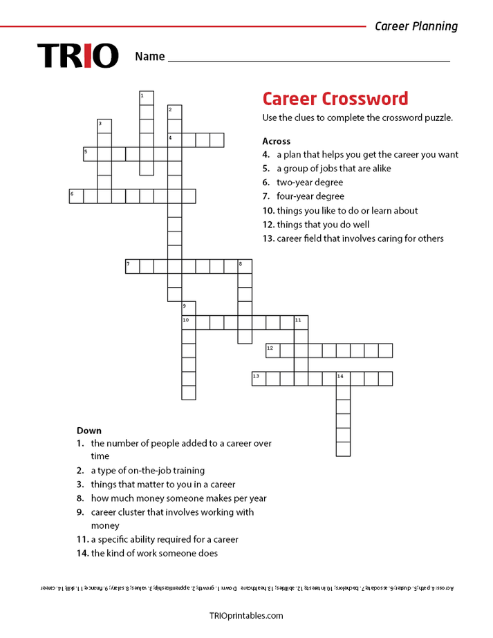Career Crossword Activity Sheet – TRIO Printables