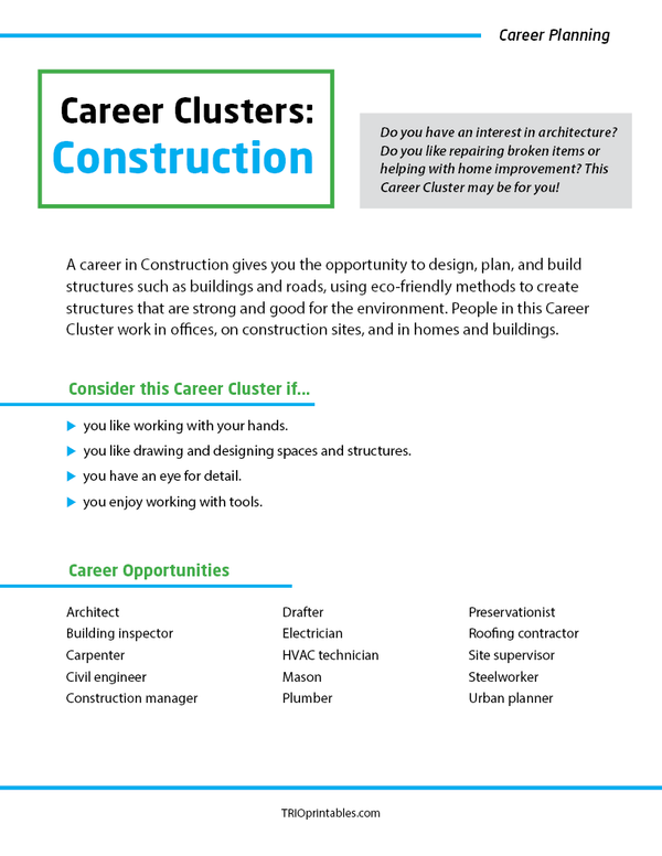 Career Clusters: Construction Informational Sheet – TRIO Printables