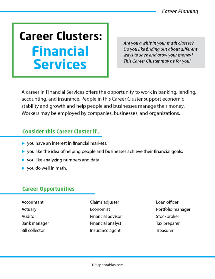 Career Clusters: Financial Services Informational Sheet – TRIO Printables